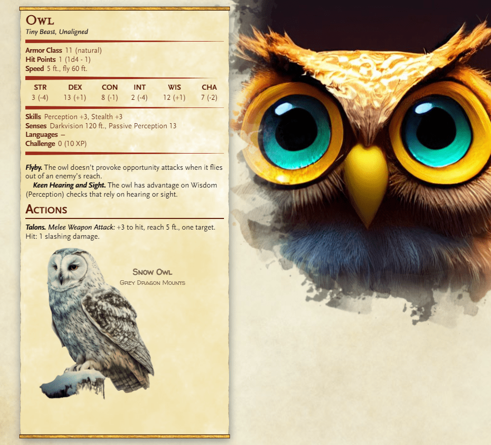 Owl DnD 5e Perfect Familiar Grey Dragon World